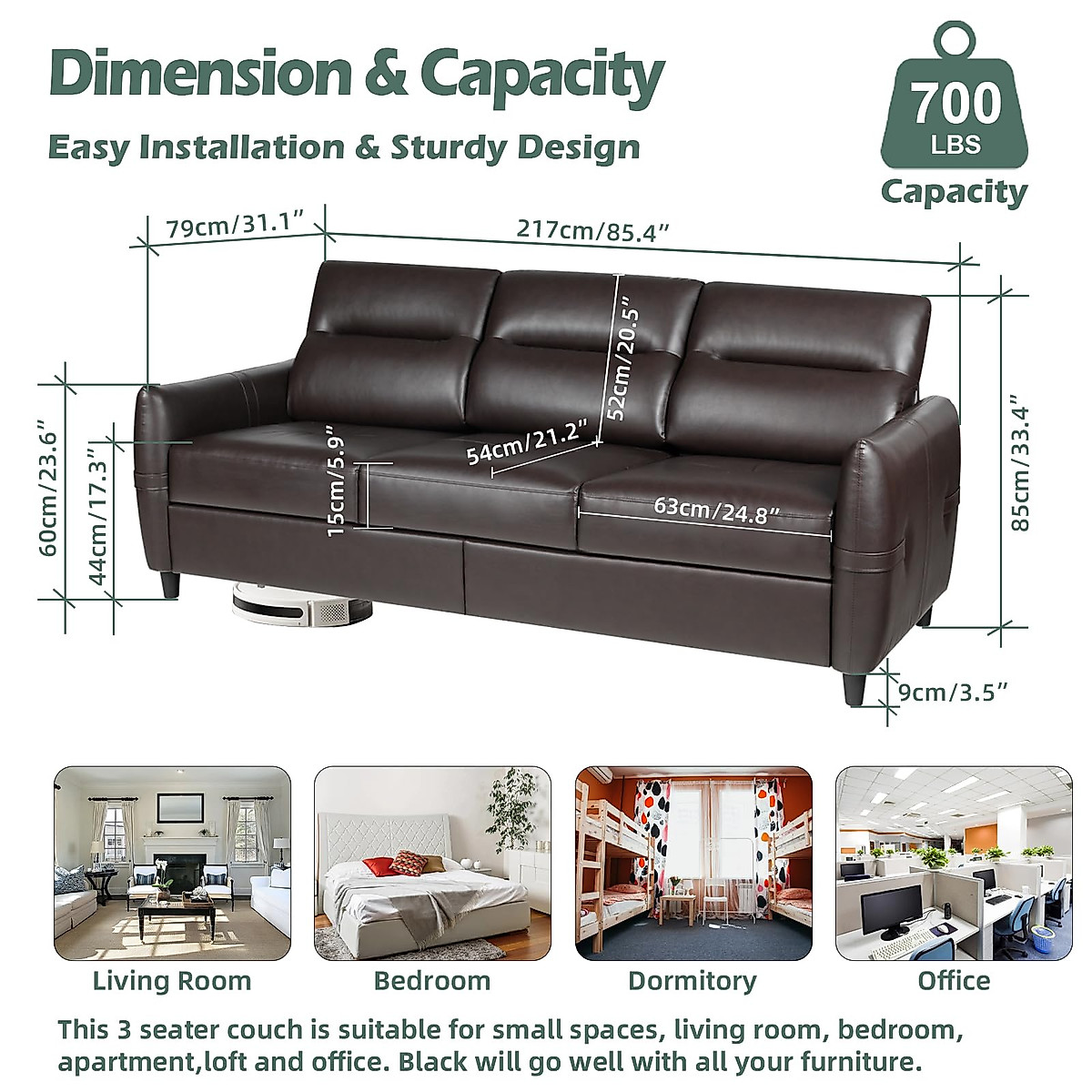 STHOUYN 85” Brown 3 Seater Couch with USB, Mid Century Modern Leather Sofas Couches for Living Room Small Spaces, Apartment Couch, Large Office Couch, Stain Resistant & 3 Tufted Cushion (Brown)