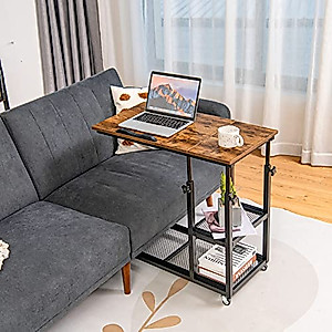 Tangkula Height Adjustable C Shaped End Table with Lockable Wheels, Mobile Couch Desk Table with Tiltable Table Top, Sofa Bedside Laptop Stand TV Tray with Storage Shelves, Snack Side Table