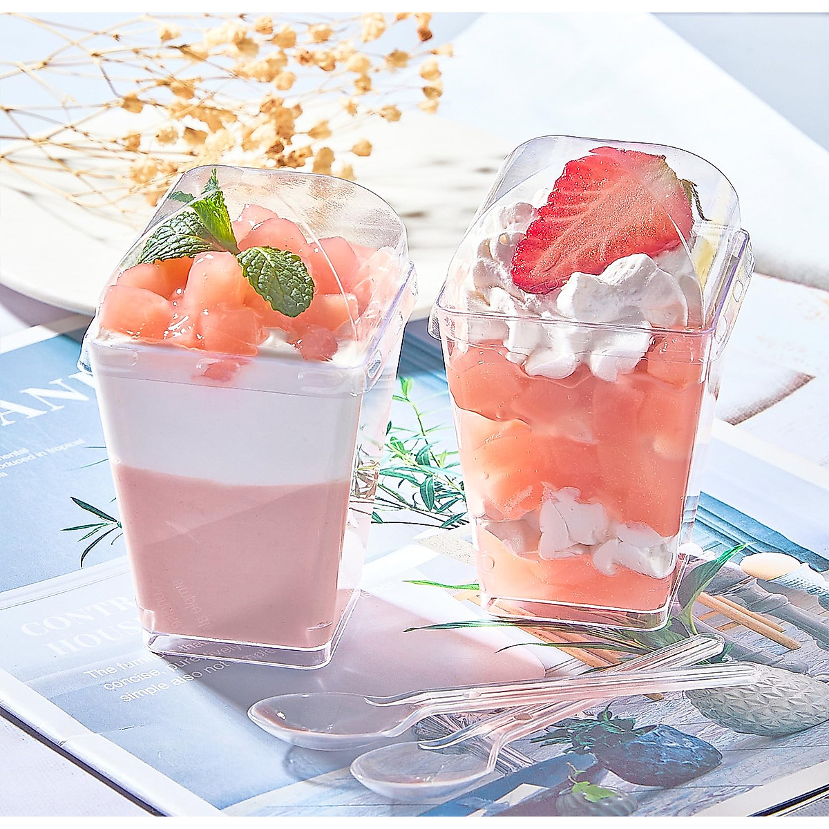 TOFLEN 50 Pack 5 oz Mini Dessert Cups with Lids and Spoons, Square Clear Plastic Dessert Shooters Party Serving Tumbler Cups for Parfait Appetizers & Dessert Shot Glasses (Dome)