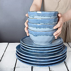 Bosmarlin Ceramic Soup Bowl Set of 4, 28 Oz, Cereal Bowl for Oatmeal, Dishwasher and Microwave Safe, Reactive Glaze (Blue, 6 inches)