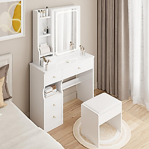 Elevon Small Makeup Vanity Desk with Sliding Mirror LED 3 Lighting Adjustable, Vanity Table Set with 5 Storage Drawer & Chair & Shelves Bedroom Furniture, White