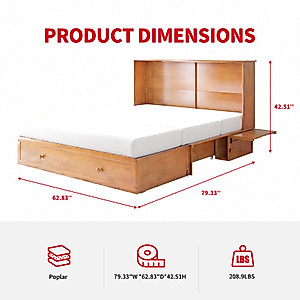 MUZZ Queen Size Cabinet Murphy Bed, Murphy Bed with Foldable Foam Mattress, Space-Saving Cube Murphy Bed with Charging Station and Large Storage Drawer (Cherry)