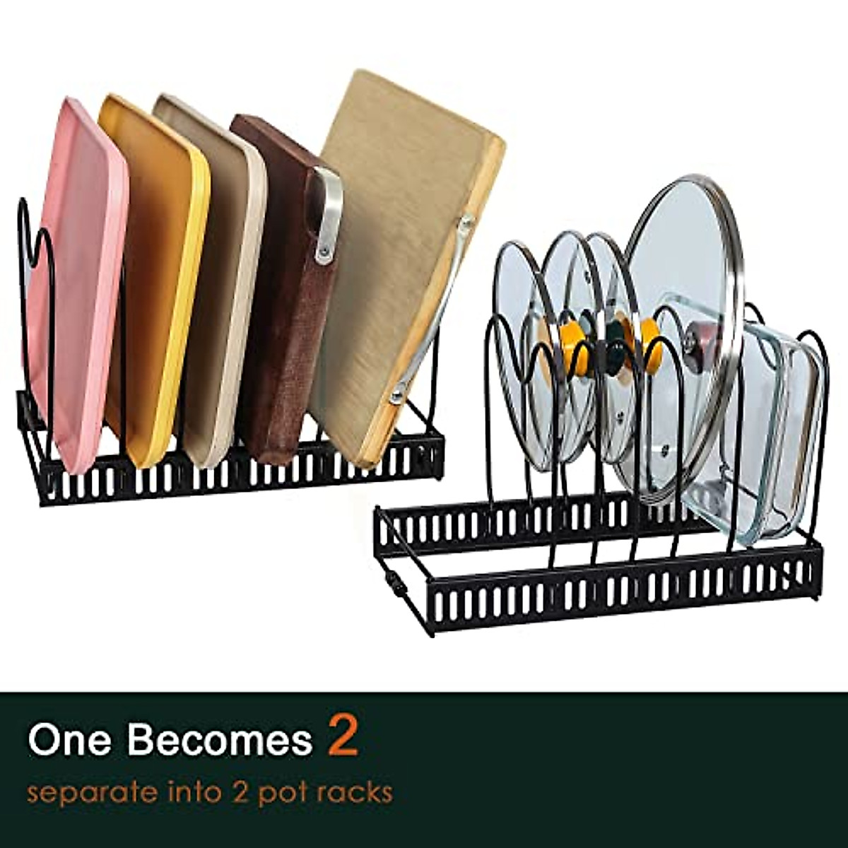 Mlesi Expandable Pot and Pan Organizer Rack, 12+ Pot Lid Organizer Holder, Bakeware Adjustable Rack, Kitchen Cabinet Organizer for Bakeware Cutting Boards, Black