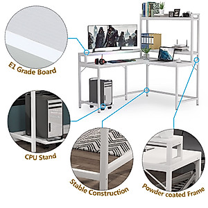 Tribesigns L Shaped Desk with Hutch and Monitor Stand, Corner Computer Desk Home Office Desk with Storage Shelf, Gaming Table Workstation,CPU Stand Included, (White&White)