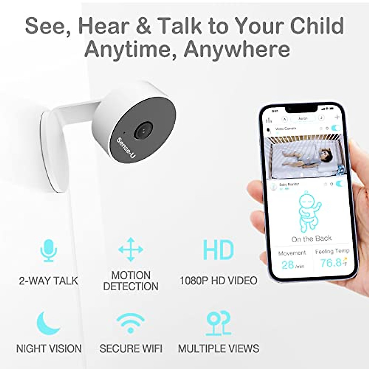 Sense-U HD Video Baby Monitor with 1080P HD, FSA & HSA Eligible, WiFi Camera and Background Audio, Night Vision, 2-Way Talk, Person/Baby Crying/Motion Detection & No Monthly Fee