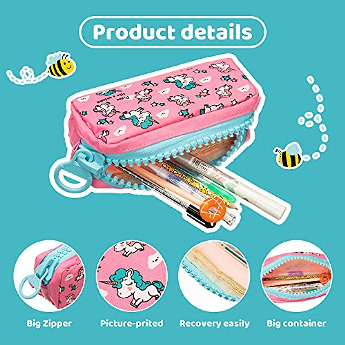 2 Pieces Unicorn Pencil Pouch Small Pencil Case School Pencil Bag Kids Pencil Pouch Cute Unicorn Pen Pouch Stationery Storage Bag Makeup Bag with Large Zipper for School Office Girls, Pink and Blue