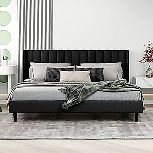 Gruwans Upholstered Bed Frame King with Wingback Headboard/No Box Spring Needed/Wooden Slat Support/Easy Assemble/Black