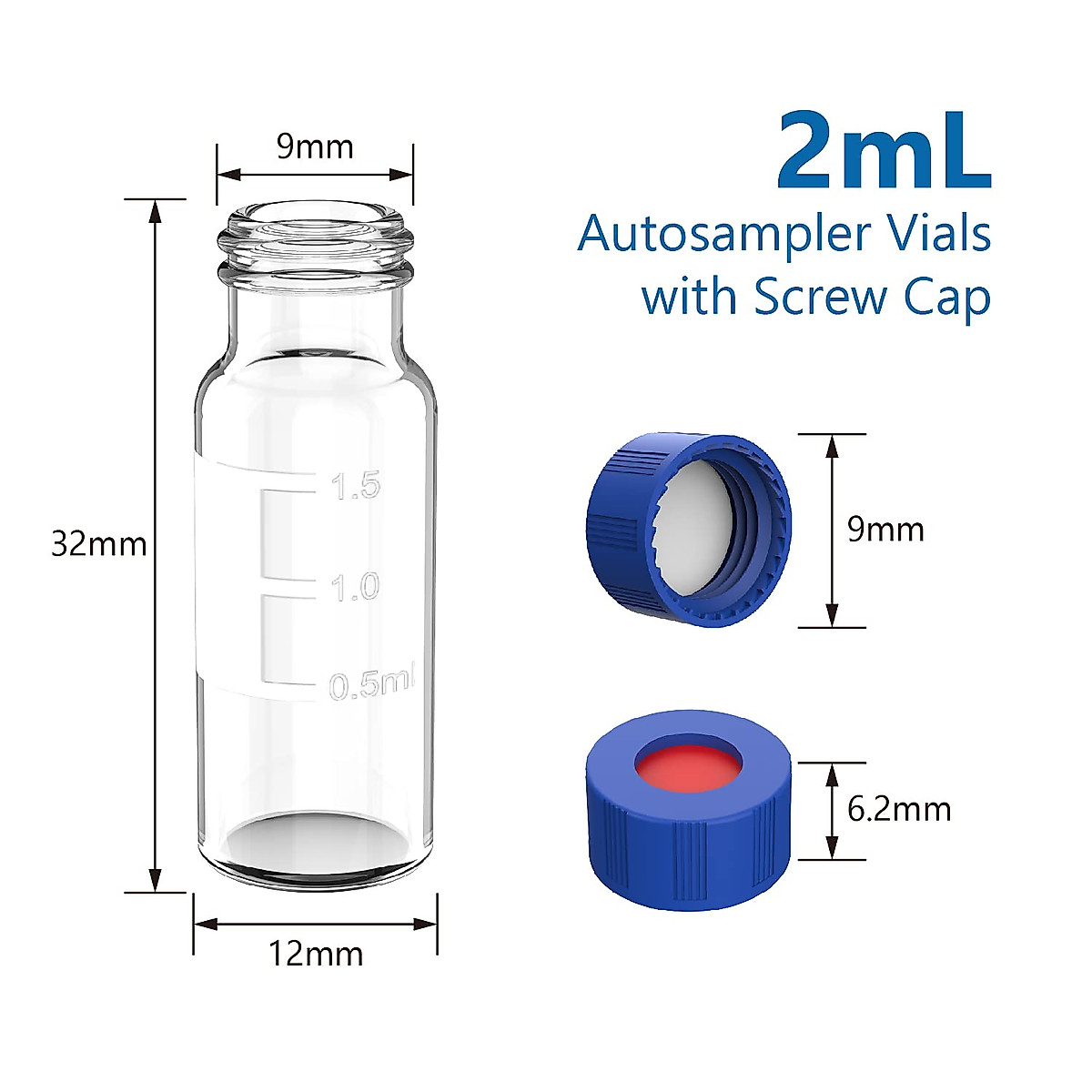 2mL Autosampler Vials with Caps, HPLC Vials, 9-425 Clear Glass Vial with Blue Screw Caps/Writing Patch/Graduation, White PTFE & Red Silicone-1000 Pcs