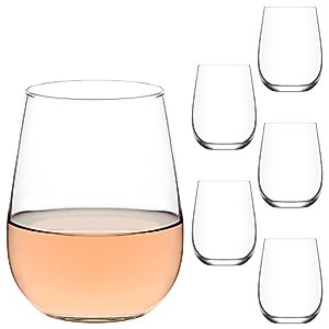 lav Stemless Wine Glasses Set of 6 - 16 oz Clear Glass Wine Tumbler Set for Red or White Wine Glasses Stemless - Modern Design & Everyday Use - Made in Europe