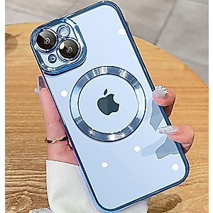 JUESHITUO Magnetic Metallic Glossy Clear for iPhone 14 Plus Case with Full Camera Cover Protection [No.1 Strong N52 Magnets] [Military Grade Drop Protection] for Women Girls Phone Case (6.7")-Blue