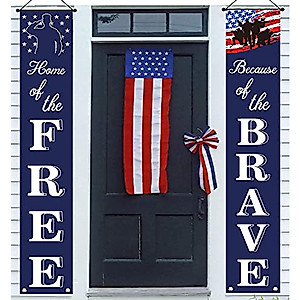 Patriotic Soldier Porch Sign Banners -“HOME of the FREE” and “Because of the BRAVE”- 4th of July Decor - American Flag Hanging Banner for Independence Day/ Memorial Day/ Veterans Day/ Labor Day
