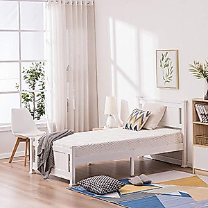Bonnlo Twin Size Solid Wood Platform Bed Frame, Single Bed with Headboard, No Box Spring Needed Panel Bed, Wood Slat Support Mattress Foundation, White