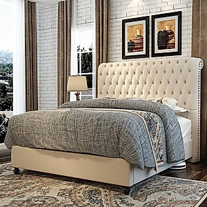 Jocisland King Size Upholstered Bed Frame and Headboard Sleigh PlatformTufted Bed/Cream