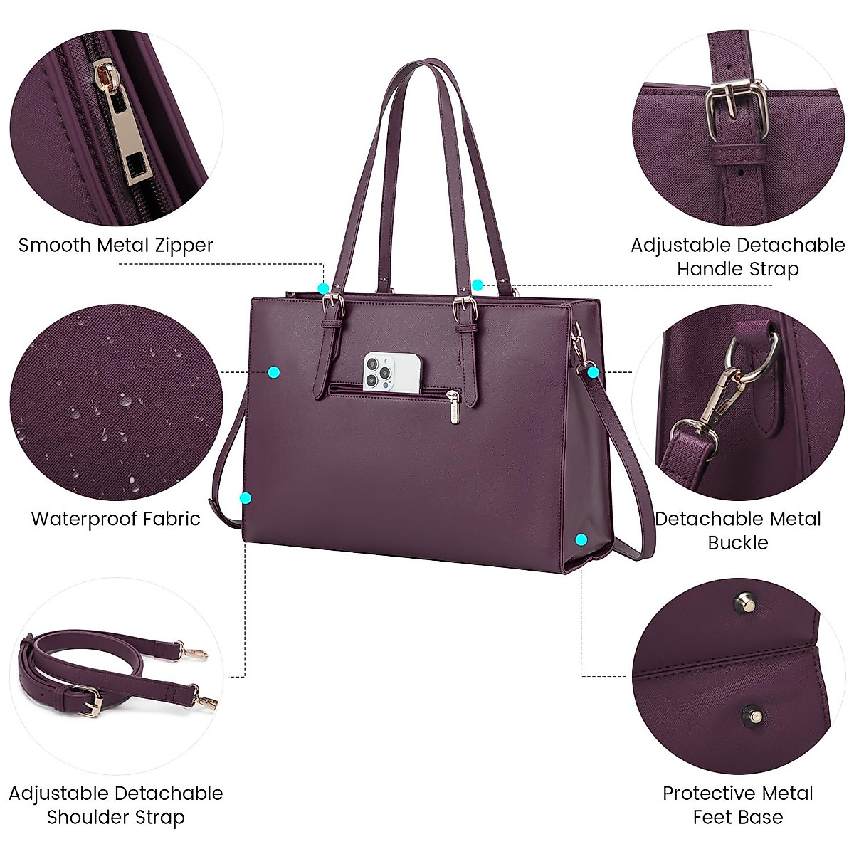 LOVEVOOK Laptop Bag for Women, Fashion Computer Tote Bag Large Capacity Handbag, Leather Shoulder Bag Purse Set, Professional Business Work Briefcase for Office Lady, 2PCs, 15.6-Inch, Deep Plum
