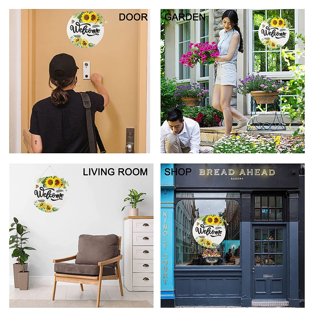 Autonomier Sunflower Welcome Sign for Front Door 12 Inch Sunflower Front Porch Decor Farmhouse Rustic Round Wooden Hanging Sign with Artificial Sunflower and Eucalyptus Leaves for Home Garden (White)