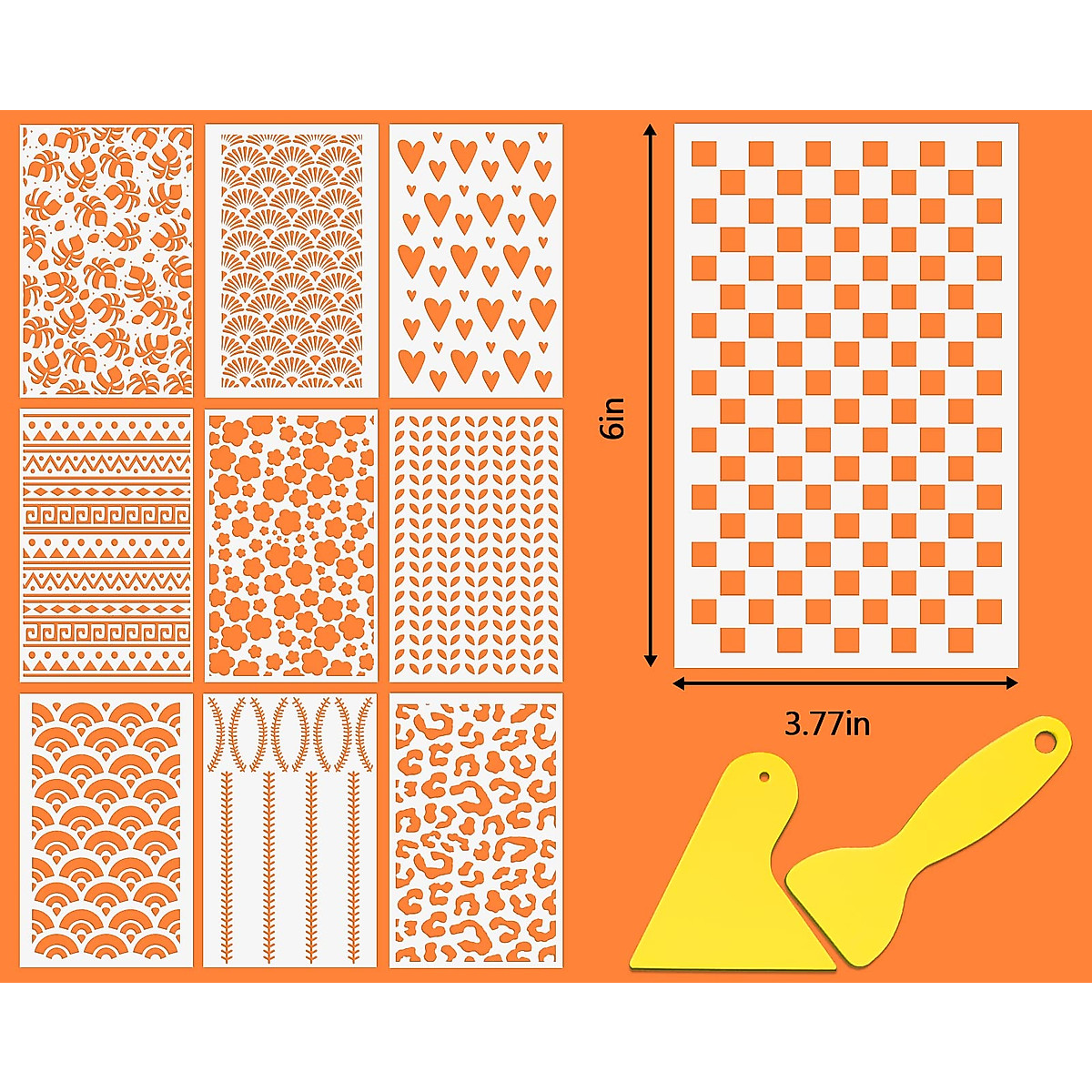 BABORUI 10Pcs Clay Texture Sheets for Polymer Clay, Reusable Clay Stamps Stencils with 2Pcs Scraper, Polymer Clay Tools Embossing Stamp Mats for Printing on Clay Earring Jewelry