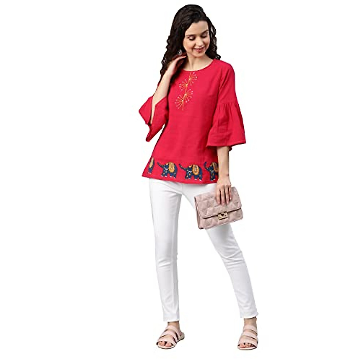 Yash Gallery Women's Plus Size Cotton Slub Elephant Print Indian Tunic Summer Tops (Pink)