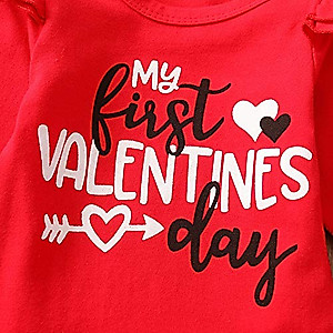 My First Valentine's Day Baby Girl Outfits Ruffle Long sleeve Romper Tops+Suspender Skirt+Headband Clothes Sets (Red, 0-3 months)