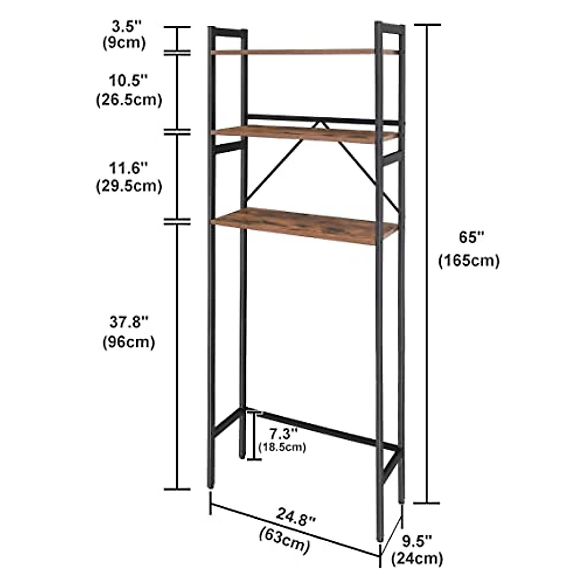 Over-The-Toilet Storage Rack 3-Tier Bathroom Organizer Shelf, Space Saver Toilet Stands for Washroom Laundry Room, Rustic Brown and Black