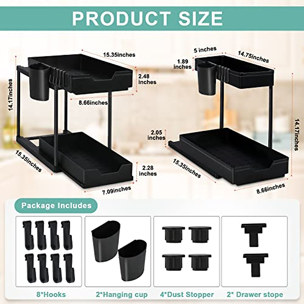 Under Sink Organizers and Storage 2 Pack, Sliding Under Kitchen Sink Storage 2 Tier Bathroom Cabinet Organizer with 8 Hooks & 2 Hanging Cups Multi-Use Under Sink Shelf for Kitchen Bathroom, Black