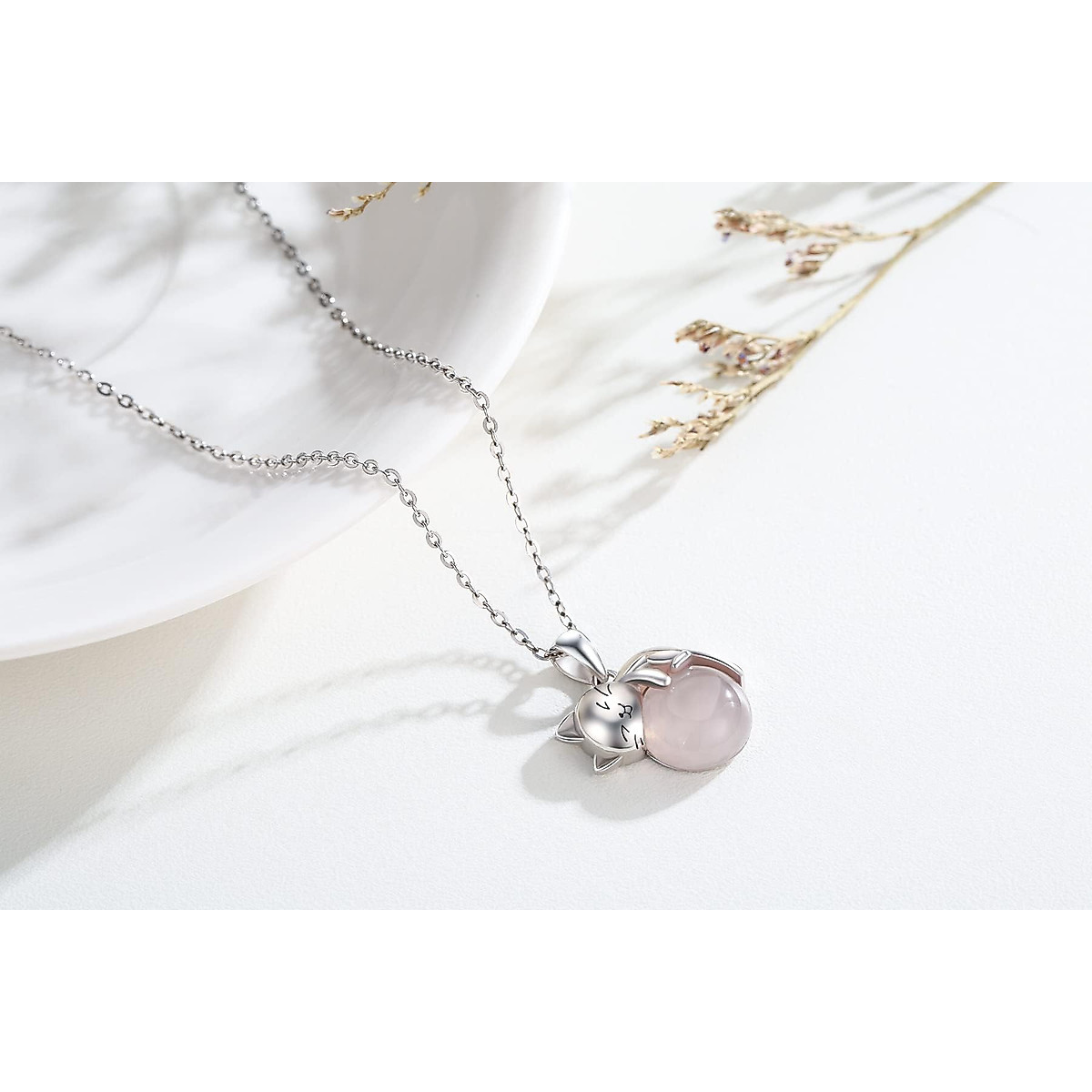 Vadmans Cat Necklace 925 Sterling Silver Rose Quartz Pendant Jewelry for Women Cat Lover Gifts