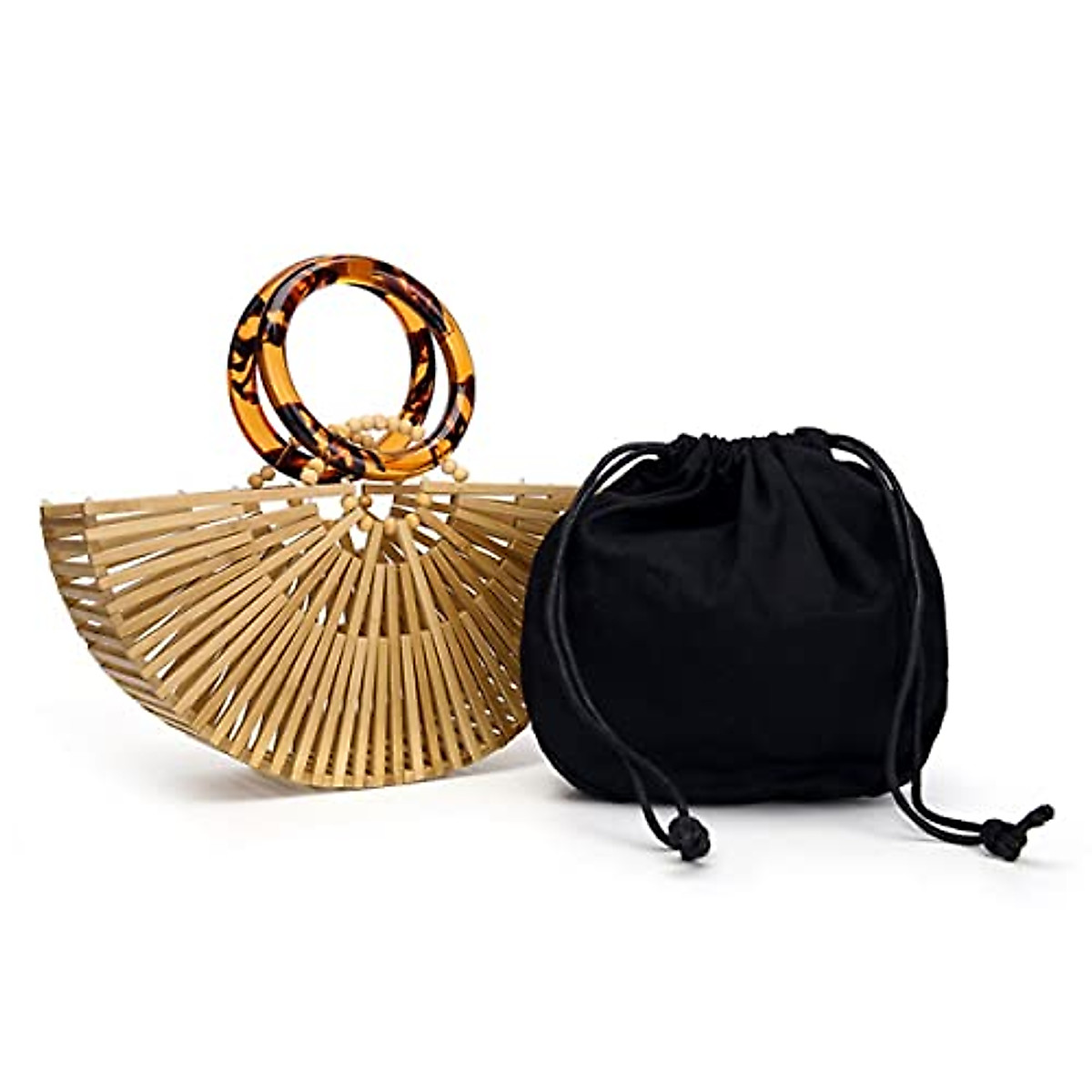 summer beach holiday bamboo woven bag retro portable straw woven bag Tote Bamboo Handbag Bown straw bag Acrylic rattan bag drawstring beach bags for summer (X-Small(10.23"x11"x3.2")),Natural)