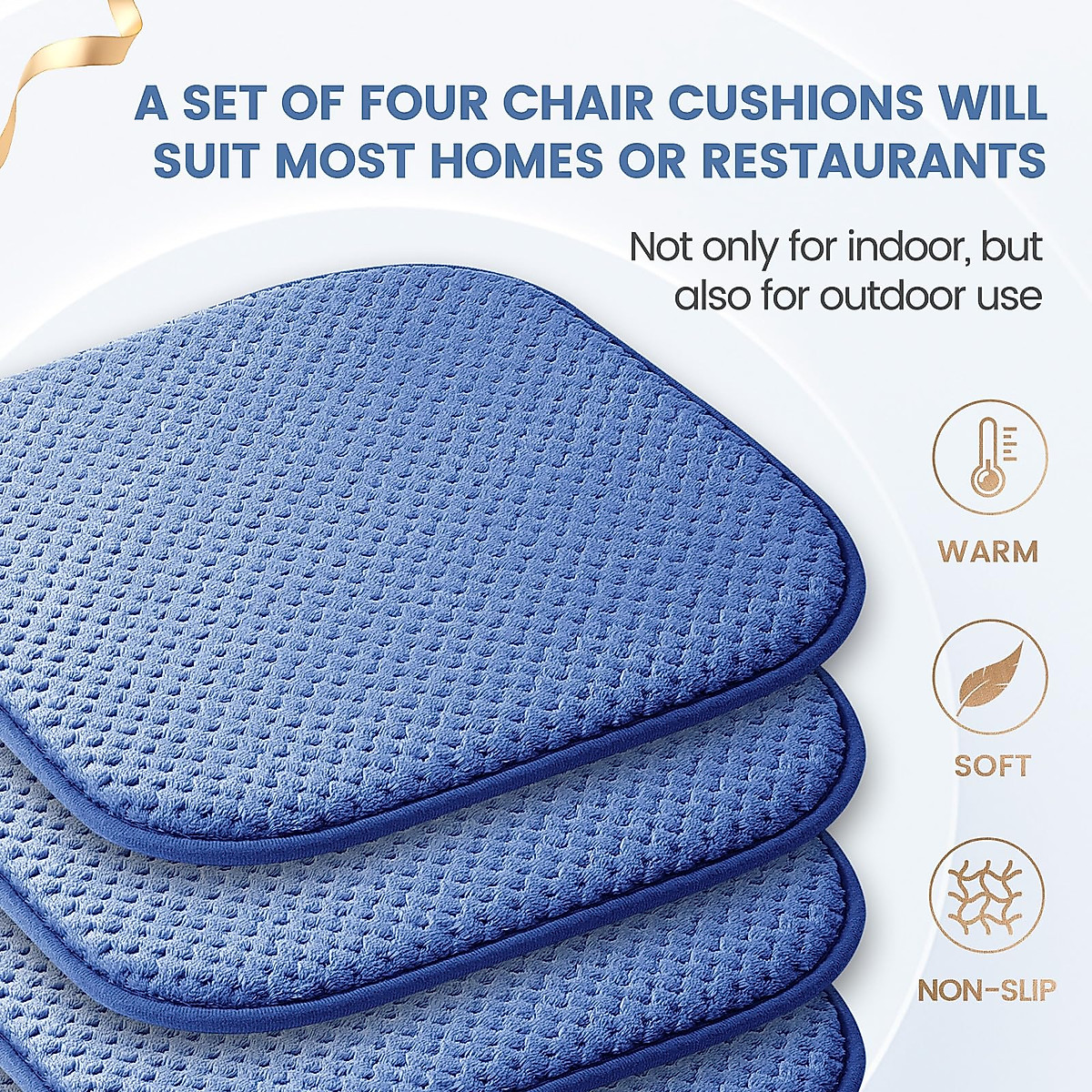 BSAOUTZ Memory Foam Dining Chair Cushions Set of 4, Non Slip Biscuit Cushion for Desk Chair, Washable Soft Kitchen Chair Cushions, Stay in Place Backing Seat Pad Cushion, 16" x16" Blue