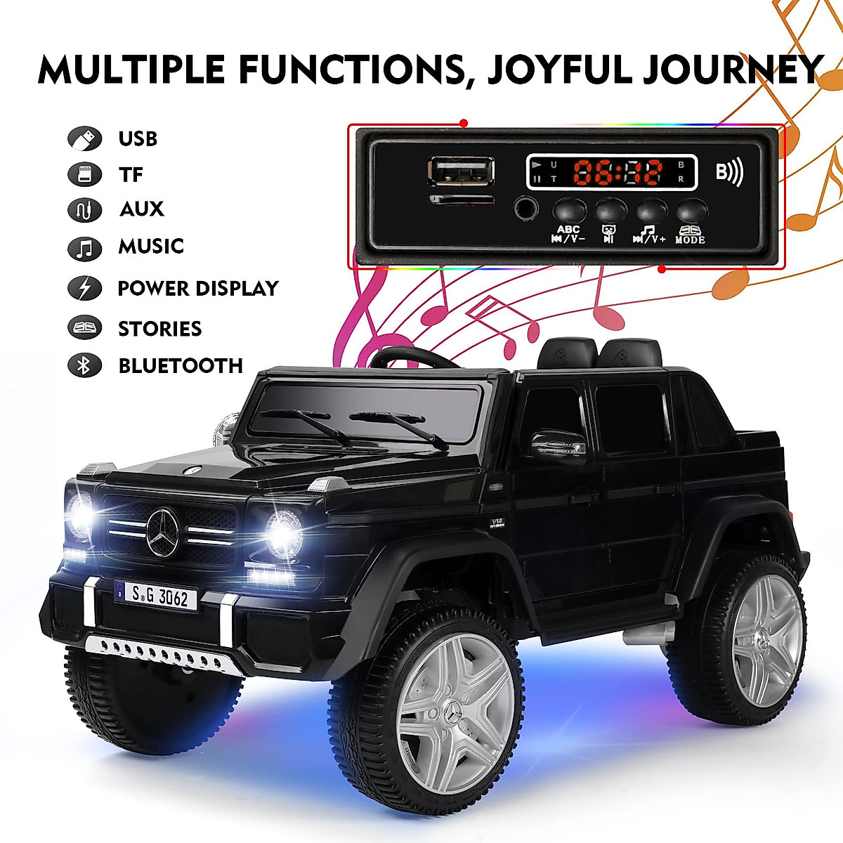 JOYLDIAS Kids Ride On Cars, Licensed Mercedes-Benz Maybach G650S, 12V7AH Battery Powered Toy Electric Car for Kids with 2.4GHz Remote Control, 2 Motors, 3 Speeds, Lock, Music, Horn, LED Lights, Black