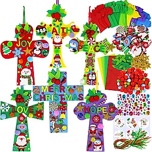Winlyn 24 Sets Christmas Craft Kits DIY Christmas Cross Ornaments Decorations Art Sets Snowman Snowflake Christmas Foam Stickers Arts and Crafts for Kids Party Classroom Sunday School VBS Activities