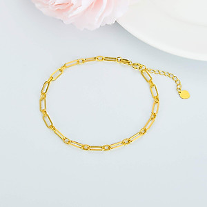 SISGEM Solid 18k Gold Paper Clip Link Chain Anklet for Women, Real 18 Carat Gold Ankle Bracelet Jewelry Gifts for Her, (3MM, 9-10.5 Inch)