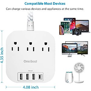 USB C Power Strip, 3 Outlet Multi Plug Outlet Extender, 5 Ft Extension Cord with Multiple Outlet with No Surge Protection