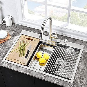 33 Inch Drop In Kitchen Sink Workstation-Hovheir 33x22 Stainless Steel Topmount Double Ledges Workstation Sink 16 Gauge Deep Single Bowl Overmount