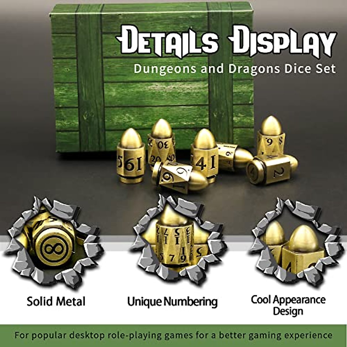 Metal Bullet Dice Set, DND Dice Set Dungeons and Dragons Dice, ZHOORQI D6 Dice Set D&D Dice Gifts for Role Playing Games, Pathfinder, Warhammer 40k or Theme Tabletop Games（7Bullet-Bronze）