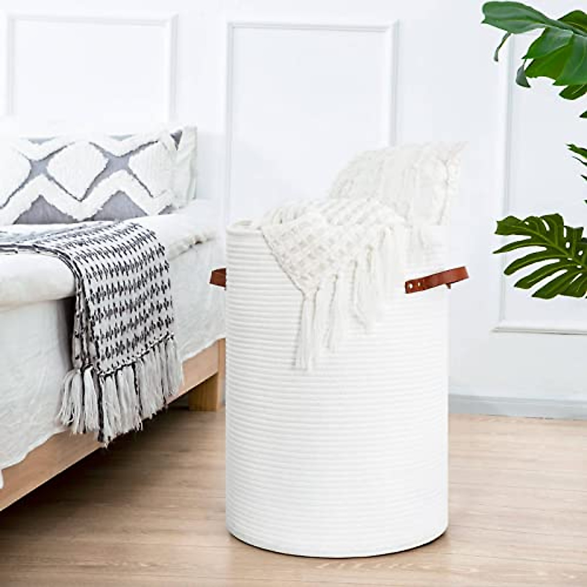 CHICVITA Tall Laundry Basket with Lid, White Clothes Laundry Hamper for Nursery, Cotton Rope Storage Basket for Clothes, Blankets, Toys, Laundry Bin, 15 x 20 inches