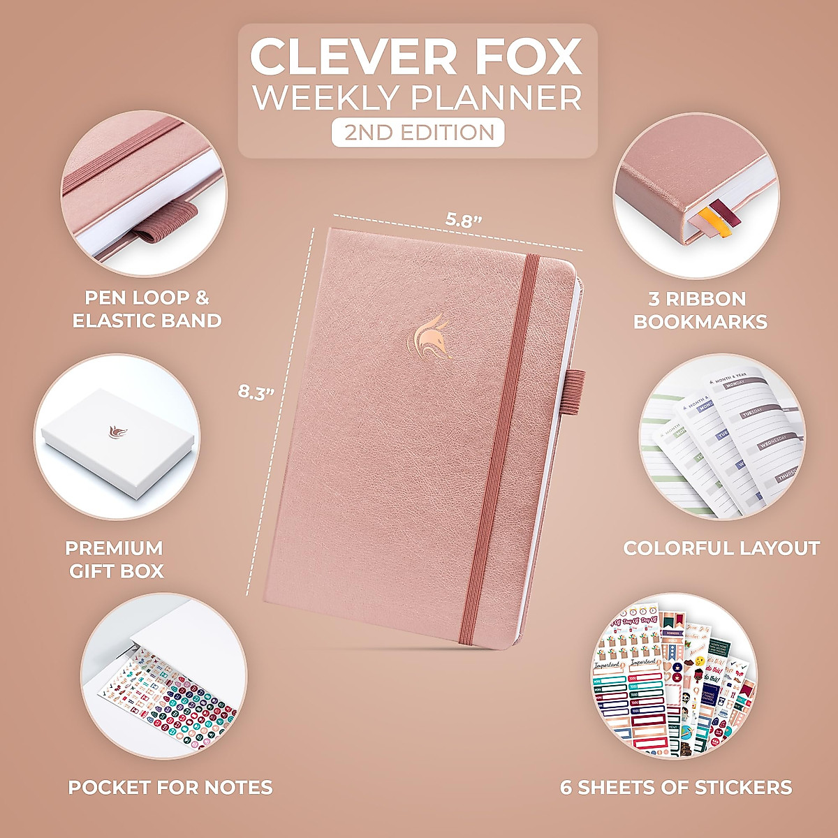 Clever Fox Planner 2nd Edition – Colorful Weekly & Monthly Goal Planner, Time Management & Productivity Organizer, Undated, A5 (Rose Gold)