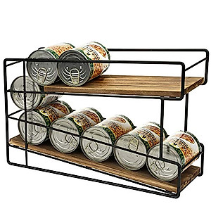 MyGift 2-Tier Rustic Burnt Wood & Black Metal Wire Pantry Canned Food Dispenser Storage Organizer Rack