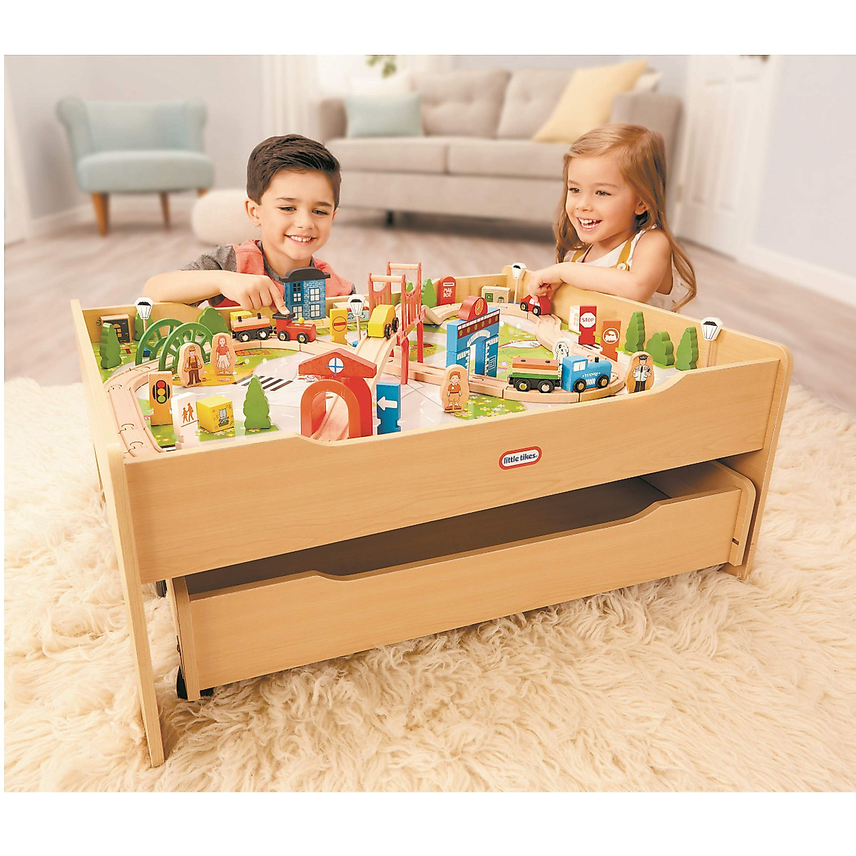 Little Tikes Real Wooden Train and Kids Table Set with Over 80 Multicolor Pieces Activity Table with Storage, Tracks, Trains, Cars, and More - Train Set Table Playset for Boys and Girls 3+ Years