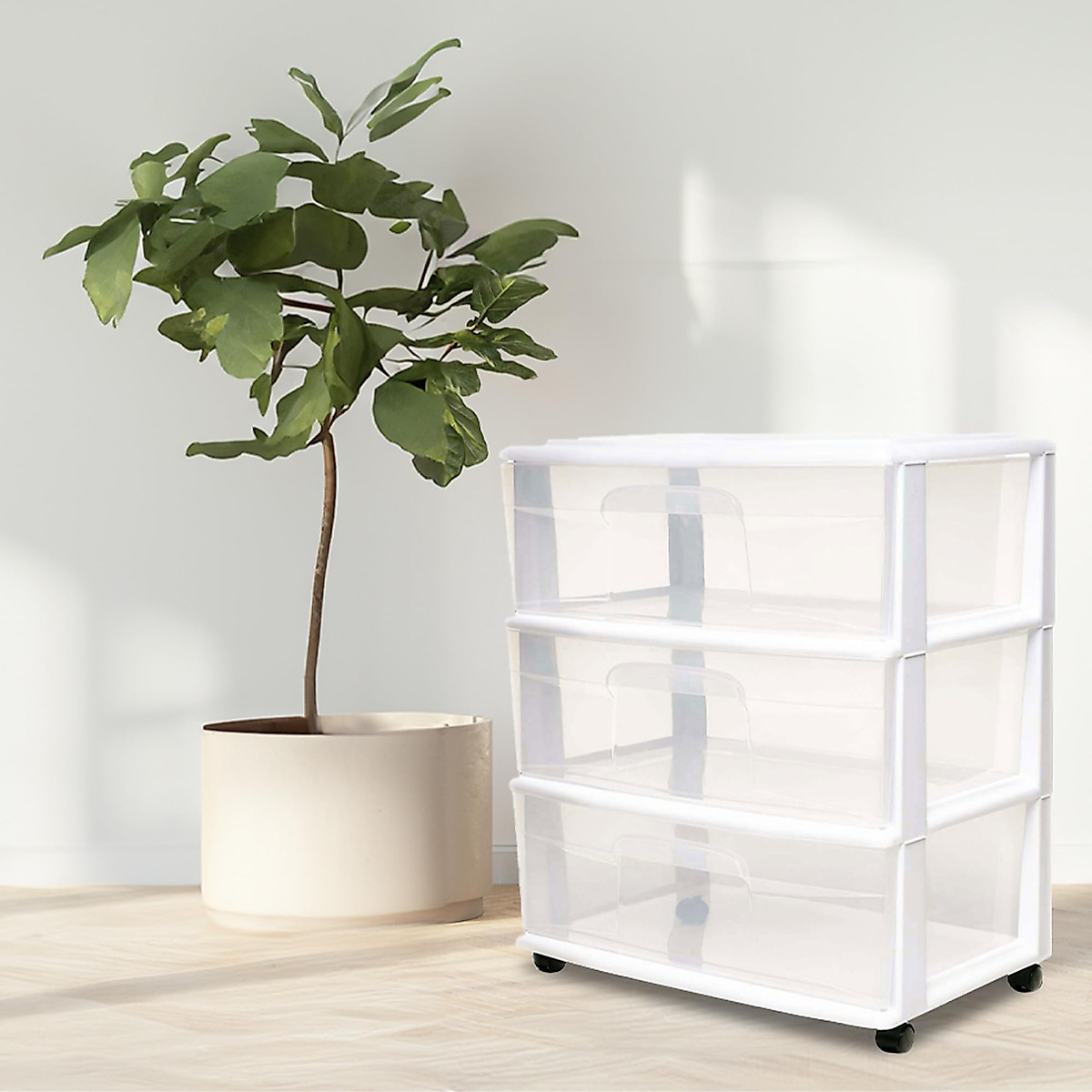 HOMZ Drawer Tower, 3-Tier Wide Clear Plastic Storage Organizer Cart, White Frame