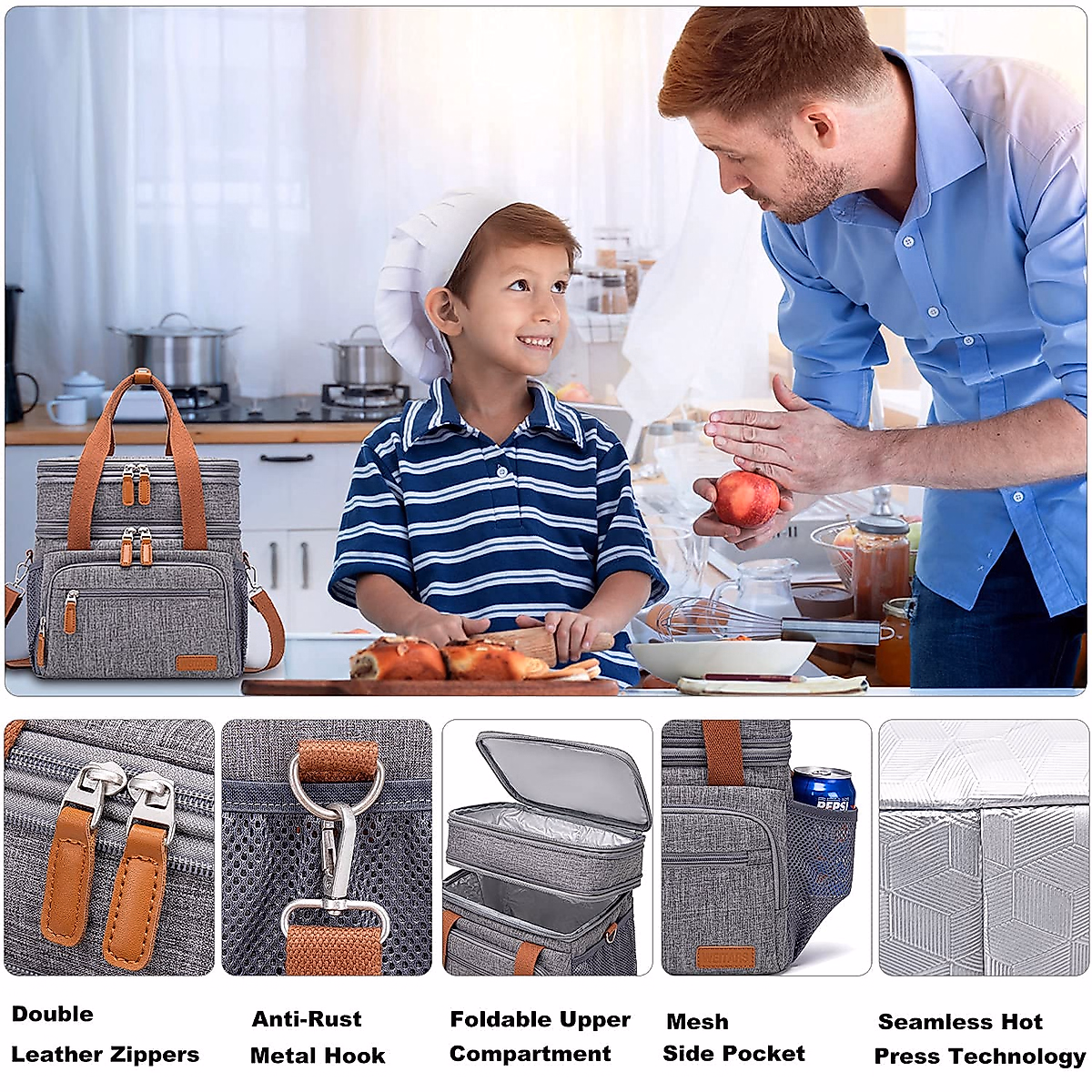 Weitars Lunch Bag for Women Men, Loncheras Para Mujer Dual Compartment Waterproof Reusable Large Lunch Box Wide-Open Cooler Tote Bag For Working Picnic Hiking (15L) (Gray(kahki))