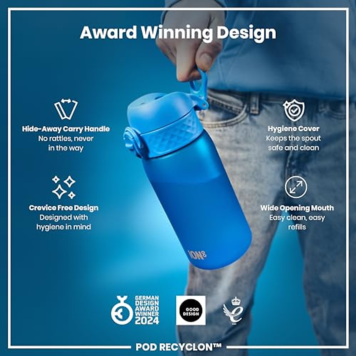 Ion8 Small Water Bottle, 350 ml/12 oz, Leak Proof, Easy to Open, Secure Lock, Dishwasher Safe, BPA Free, Carry Handle, Hygienic Flip Cover, Easy Clean, Odor Free, Carbon Neutral, Blue