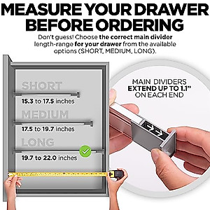 Practical Comfort Drawer Dividers, 18 pcs adjustable drawer dividers set, Made from high strength aluminum, 6 Main expandable drawer divider expand From 19.7" to 22" + 12 Sliding Separators 3.8"