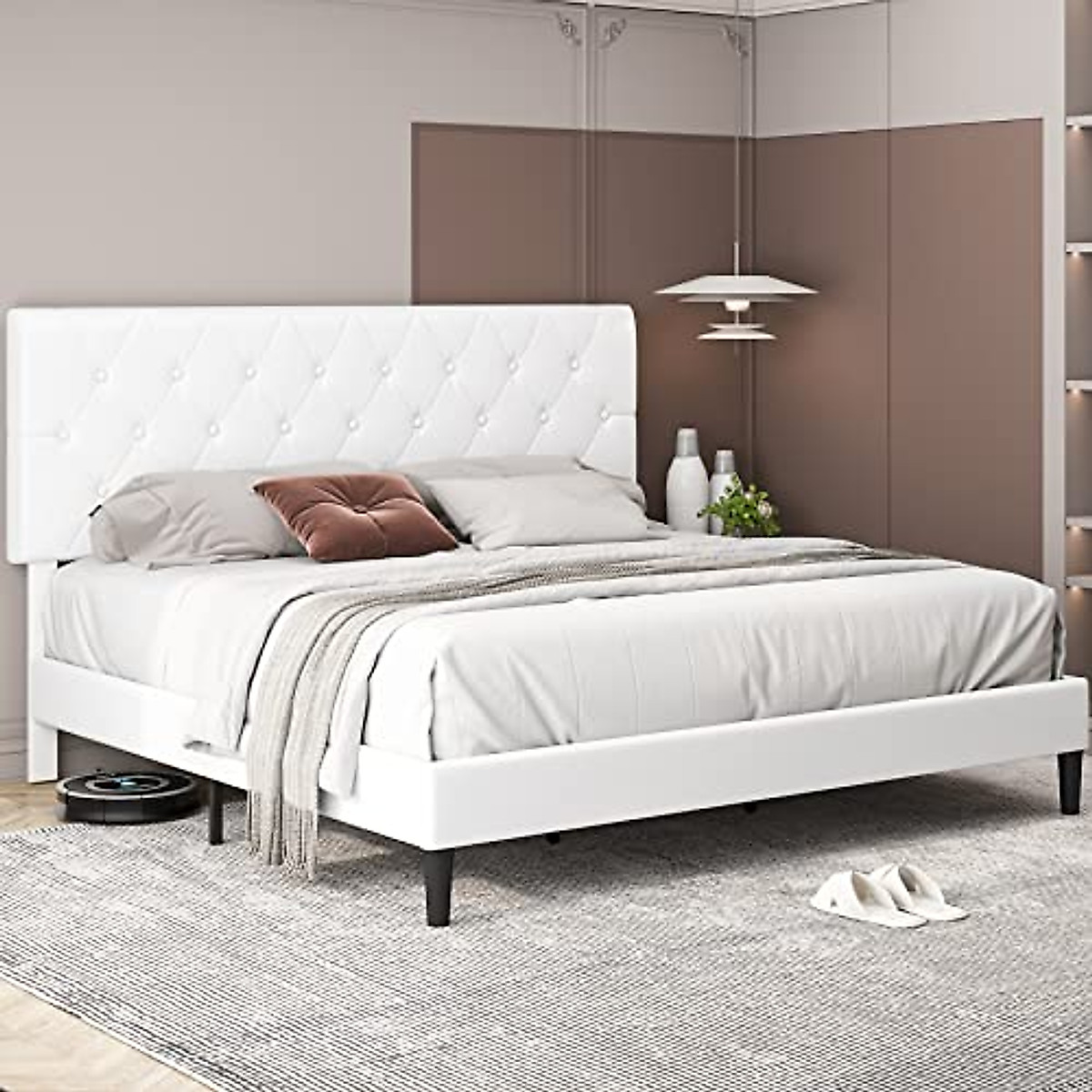TTVIEW Upholstered Queen Bed Frame with Button Tufted Headboard, Modern Faux Leather Platform Bed with Wooden Slat Support, No Box Spring Needed, Sturdy and Noise-Free, Easy Assembly, White