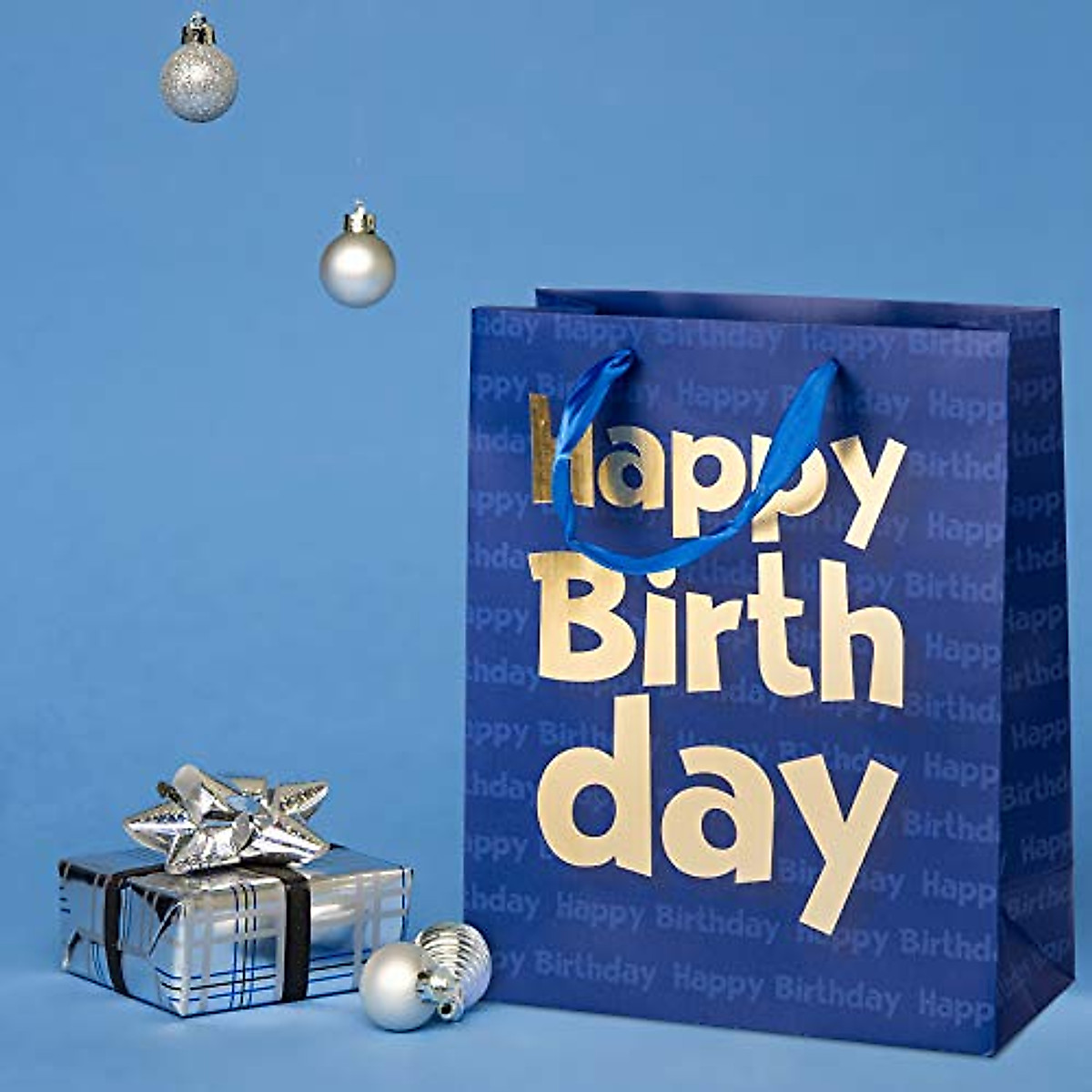 Loveinside Paper Gift Bags Gold Metallic Happy Birthday Printed Medium Gift Bags for Birthday - 10.2''x12.5''x4.7'', Navy Blue