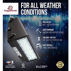 RuggedGrade 40 Watt LED Wall Pack Light - Tucana II Series Full Cut Off - 5,200 Lumens- 5000K - with Photocell Dusk to Dawn Sensor - Dark Sky Compliant