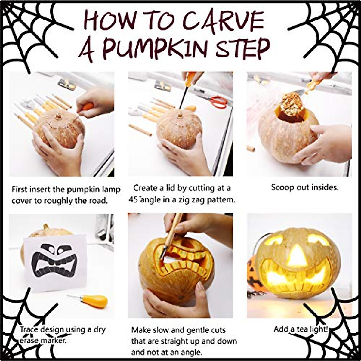 FATHER.SON 8PCS Halloween Pumpkin Carving Tools Kit & 2 LED Candles light & 100 Stencils Ebook & Instructions Packing With Stylish Pen Bags, Jack-O-Lanterns Professional DIY Stainless Steel Set