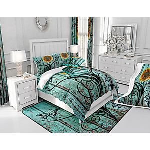 Adults Rustic Farmhouse Floral Duvet Cover Queen Country Butterfly Sunflower Bedding Set For Women Men Retro Grunge Turquoise Barn Door Comforter Cover Spring Nature Flower Botanical Bed Set 3 Pcs