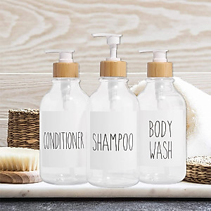 Shampoo and Conditioner Dispenser-Set of 3-16 oz Reusable Pump Bottle Dispenser for Bathroom with 6 Waterproof Stickers - Empty Plastic Refillable Containers for Shower (Clear)