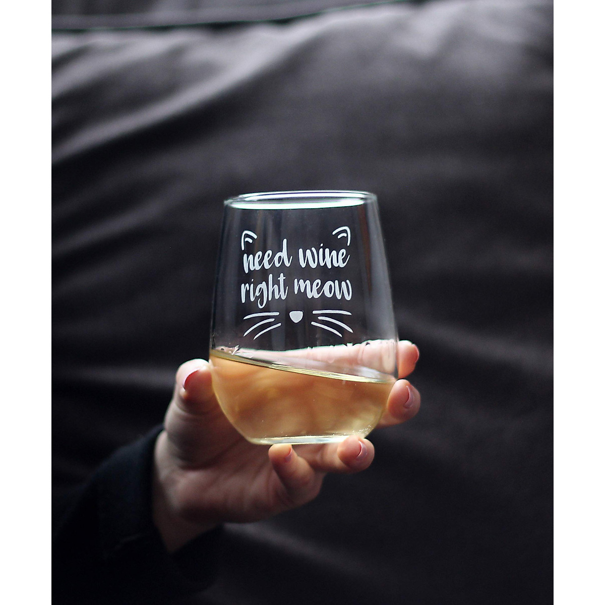 Need Wine Right Meow – Cute Funny Cat Stemless Wine Glass, Large 17 Ounces, Etched Sayings, Gift Box