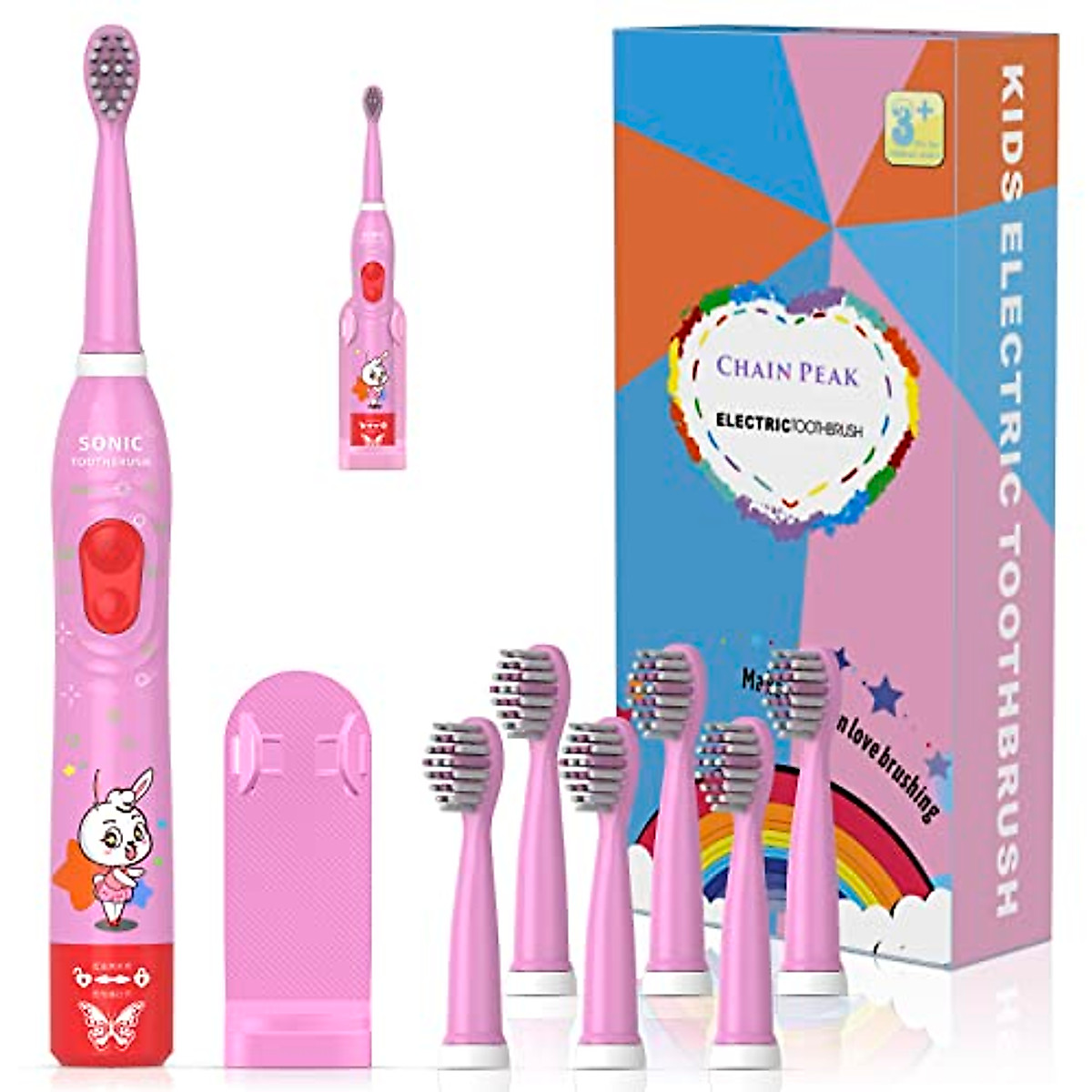 CHAIN PEAK Kids Sonic Electric Toothbrush, Rechargeable Smart Toothbrush for Children Toothbrush for Toddlers Age 3-12 with 30s Reminder, 2 Mins Timer, 6 Modes, 6 Brush Heads, Wall-Mounted Holder