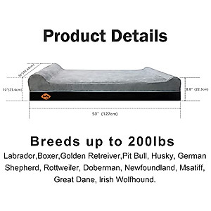 Laifug Orthopedic Memory Foam Extra Large Dog Bed Pillow(50"x36"x10", Slate Grey) Durable Water Proof Liner & Removable Washable Cover & Smart Design